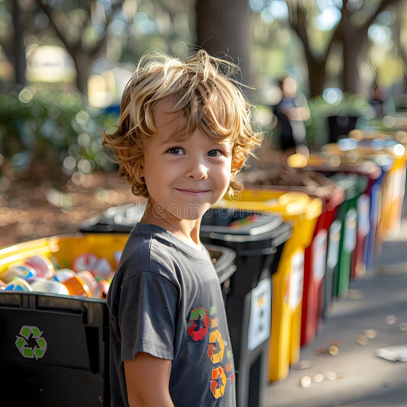 Happy Smiling Little Boy Posing with Recycling Bins Stock Illustration ...