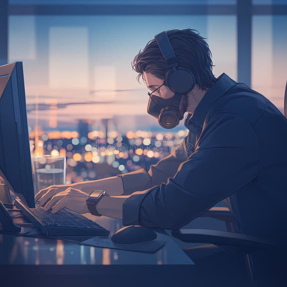 A Seasoned Professional Sits in Front of a Computer Stock Illustration ...