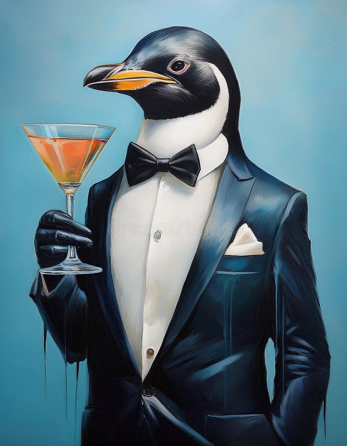 Classy Penguin Holding Cocktail on Blue Background Stock Illustration ...