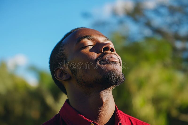 Man Peacefully Breathing Fresh Air Feeling Joy in Nature Stock ...