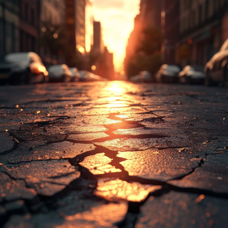 Urban Heat Rising from Cracked Pavement at Sunset in Cityscape Scene ...