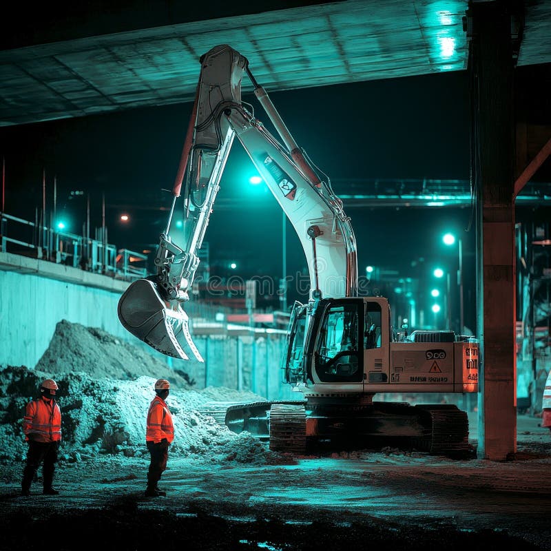A Nighttime Construction Site Scene Featuring an Excavator with Vivid ...