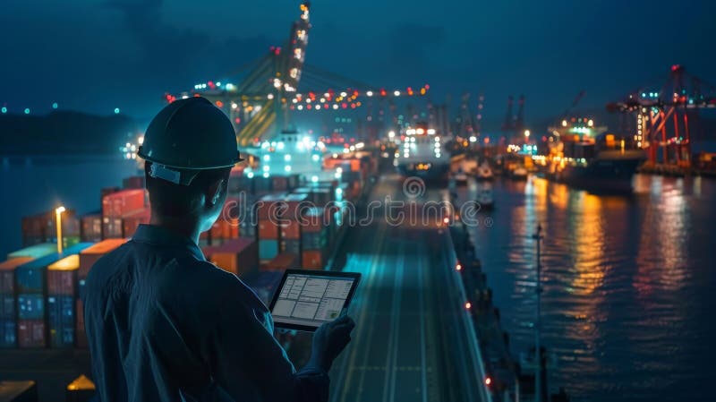 Nighttime Port Operations Using Digital Technology, Generative AI Stock ...