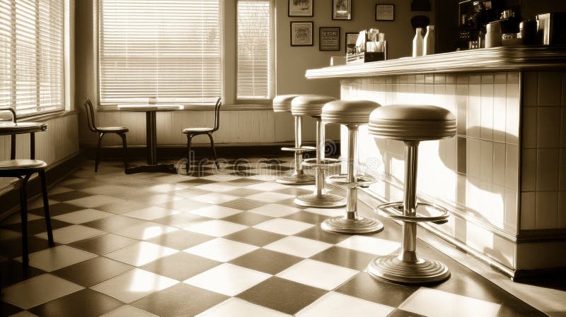 Retro Diner with Checkered Floor and Vintage Bar Stools in Warm Sepia ...