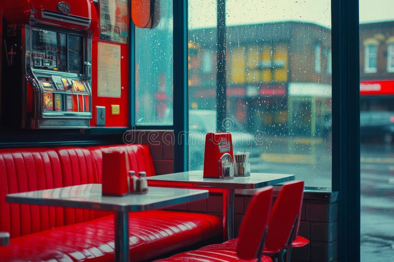 A Cozy Diner Scene with Red Vinyl Seats and Vintage Decor. Rainy Day ...