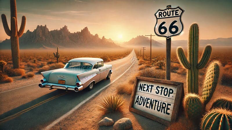 Nostalgic Desert Road with Classic Car and Vintage Route 66 Sign at ...