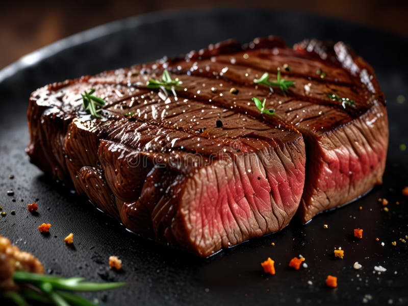 Juicy Medium-rare Steak Garnished with Fresh Herbs on a Dark Plate ...