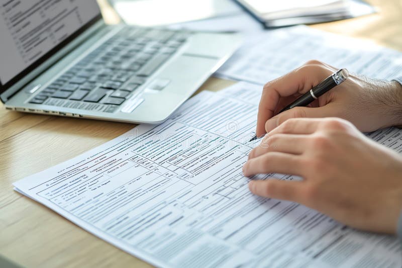Man Completing Forms at a Sleek Workstation with a Laptop Stock ...