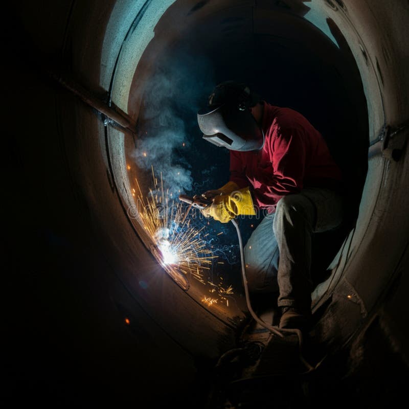 AI-Generated Image: Worker Welding Inside a Metal Structure with Sparks ...