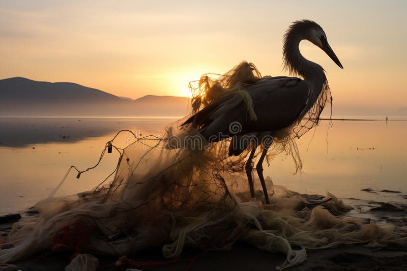 Bird Entangled in Marine Debris at Sunset Stock Photo - Image of dusk ...