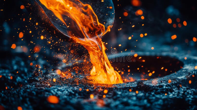 Fiery Molten Metal Pours into a Dark Cast. the Glow of the Lava Creates ...