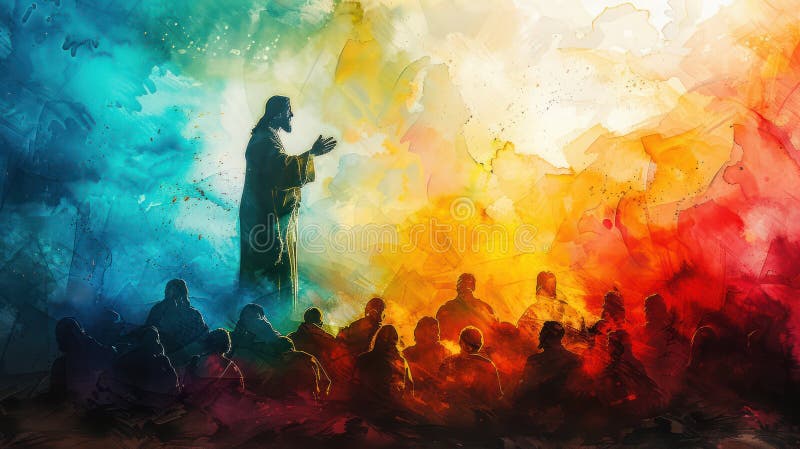 Jesus Preaching To the Masses on Abstract Watercolor Background Stock ...