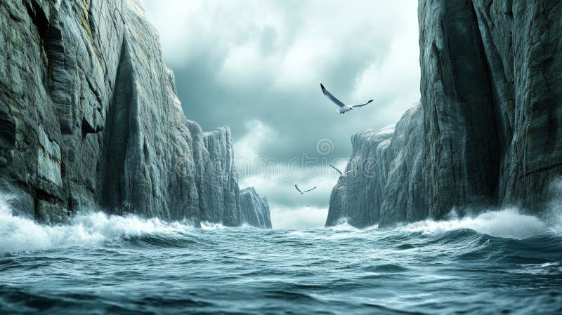 Dramatic Seascape with Towering Cliffs and Soaring Seagulls Under a ...