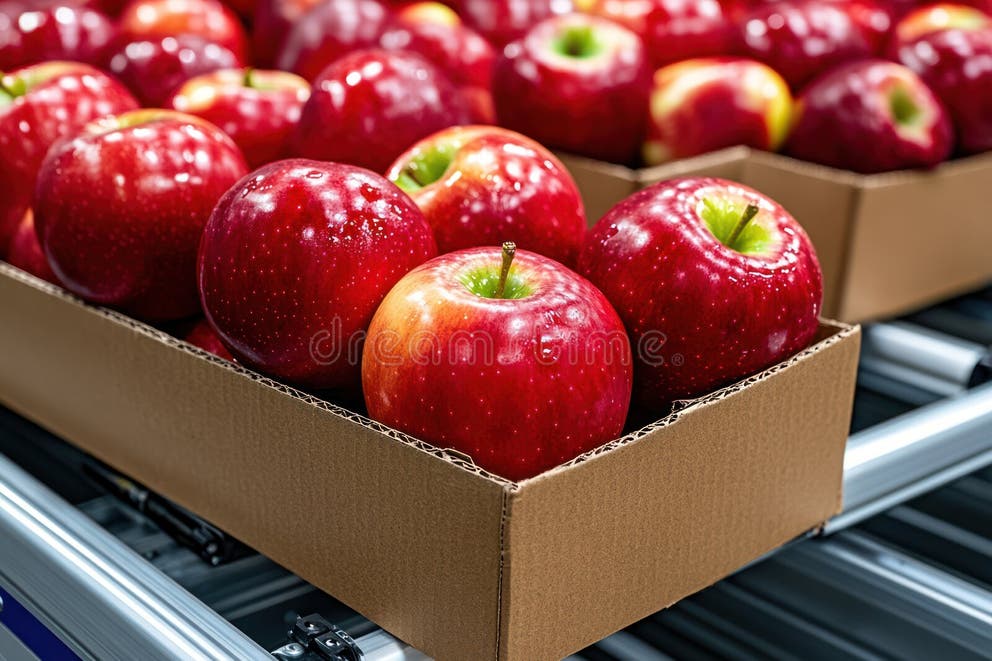 Hand-Packing Apples on Sorting Line at Agricultural Production Facility ...