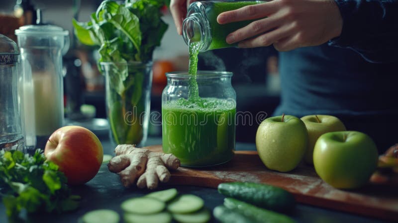 Refreshing Green Smoothie Preparation in a Cozy Kitchen a Blend of ...
