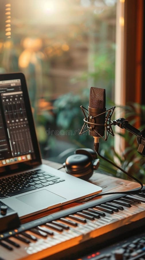 Professional Podcast Setup with Microphone and Laptop in Soft Lighting ...