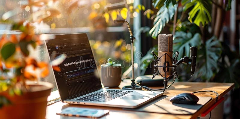 Professional Podcast Setup with Microphone and Laptop in Soft Lighting ...