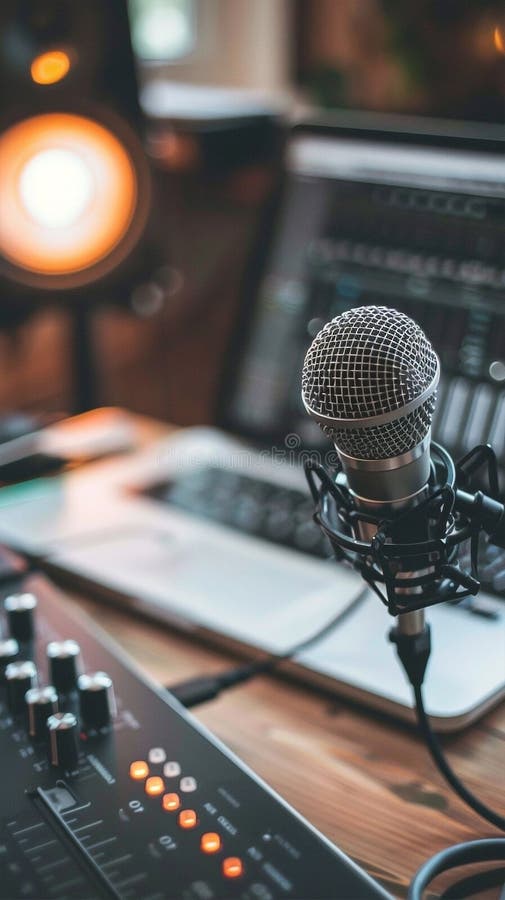 Professional Podcast Setup with Microphone and Laptop in Soft Lighting ...