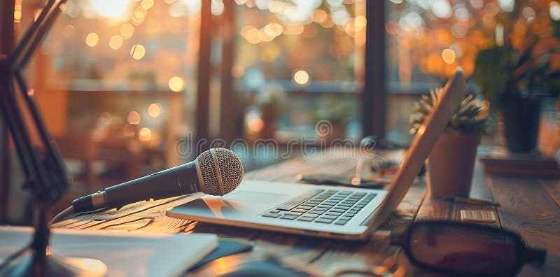 Professional Podcast Setup with Microphone and Laptop in Soft Lighting ...