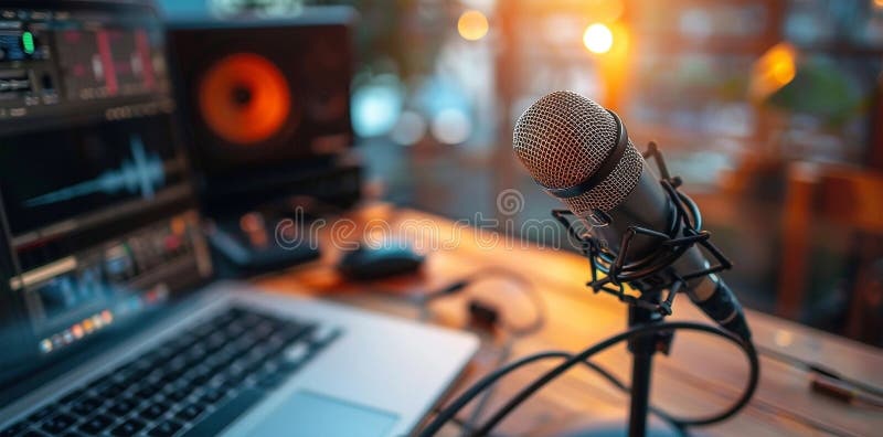 Professional Podcast Setup with Microphone and Laptop in Soft Lighting ...