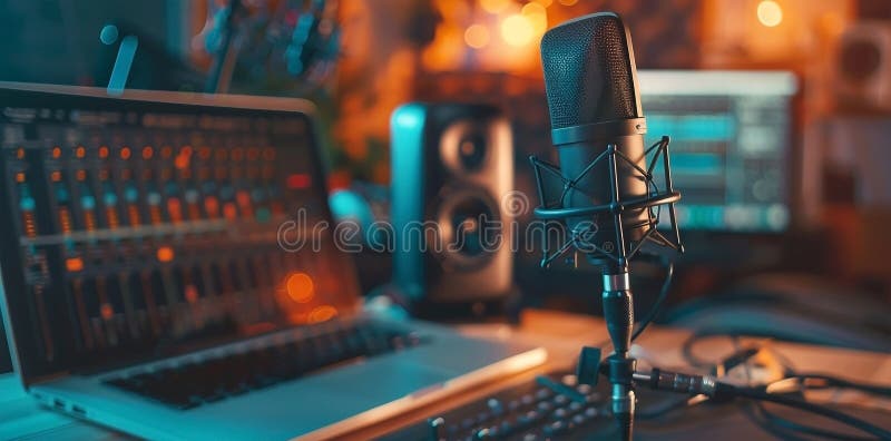 Professional Podcast Setup with Microphone and Laptop in Soft Lighting ...