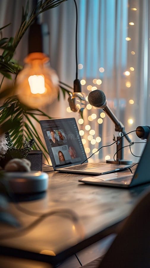 Professional Podcast Setup with Microphone and Laptop in Soft Lighting ...