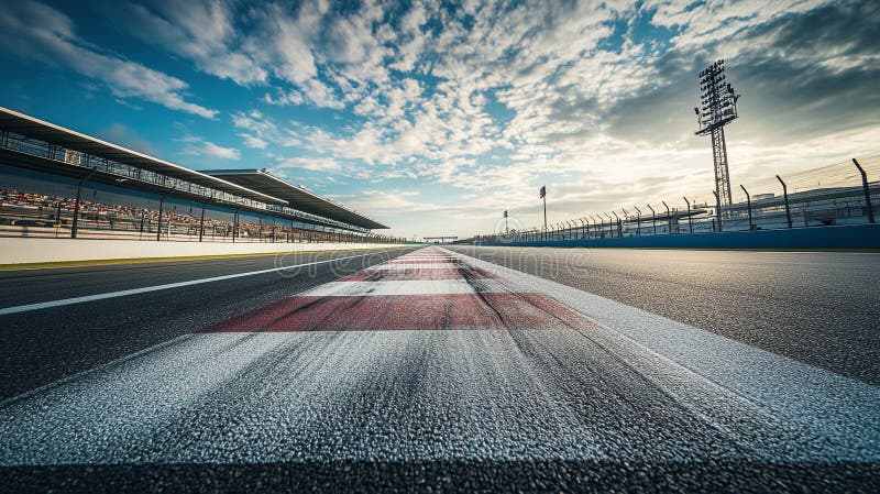 Racing Track at Sunset with Dramatic Clouds and Spectator Stands in the ...