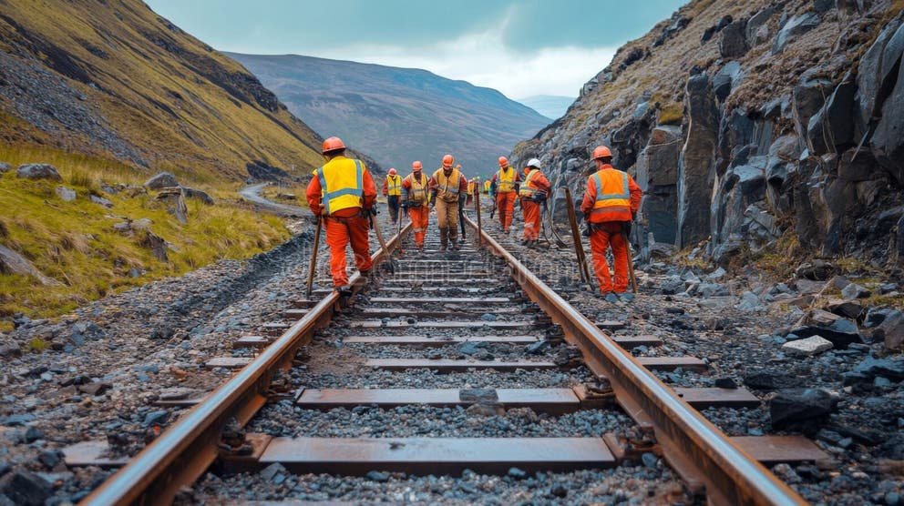 Workers Maintain the Railway Tracks in a Scenic Mountain Landscape ...