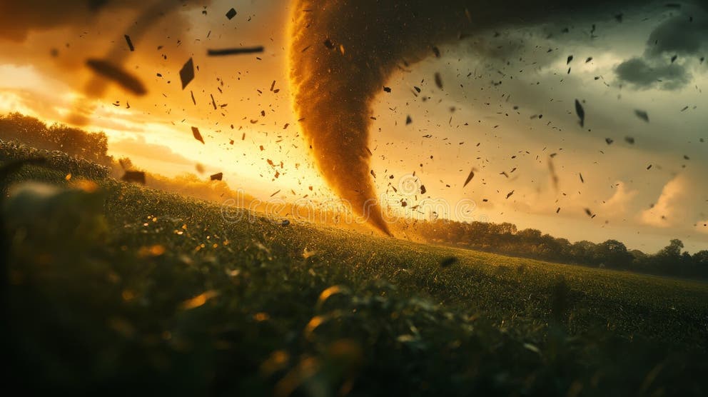 A Powerful Tornado Forms Over a Vast Field. Dark Clouds Swirl in the ...