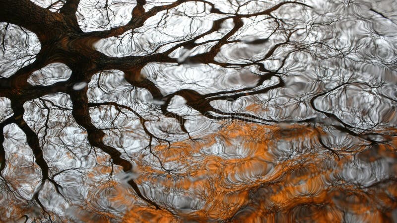 Intricate Tree Branches Reflect in Rippling Water, Creating an Abstract ...