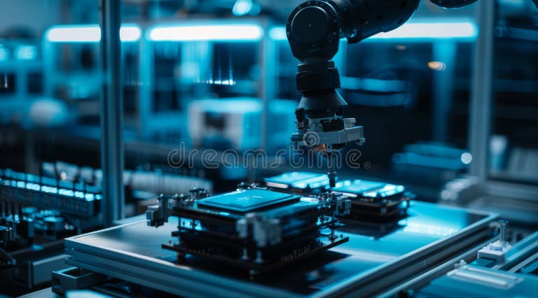 Robotic Arm Meticulously Handling an Electronic Chip in a High-tech ...