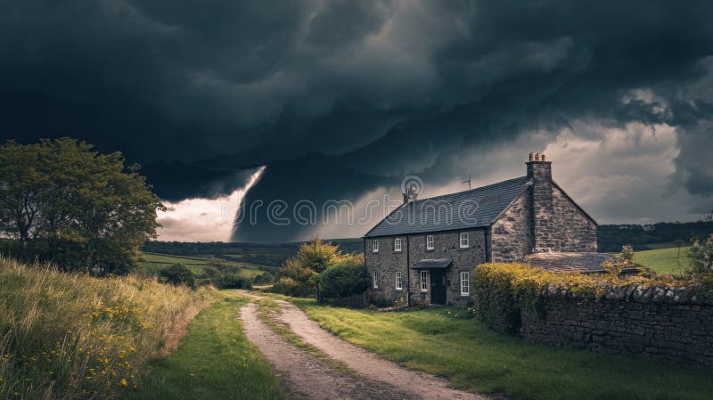 A Dramatic Countryside Scene Unfolds Under Dark Stormy Skies. the ...