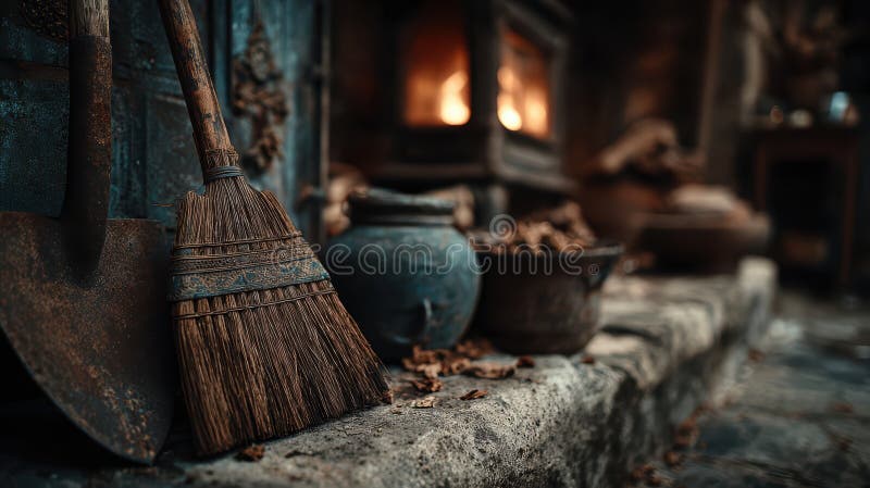 Rustic Tools and Warm Fireplace in Cozy Country Space Stock ...