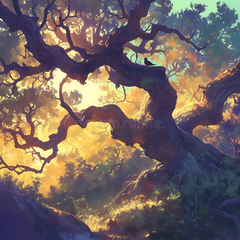 Gnarled Tree Branches Against Sunset Stock Illustration - Illustration ...