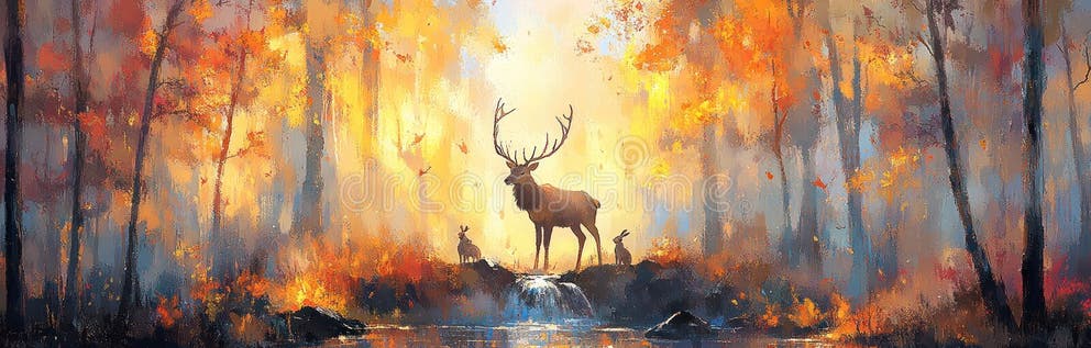 Tranquil Forest Glade with Babbling Brook, Waterfall, Rabbits, and Stag ...