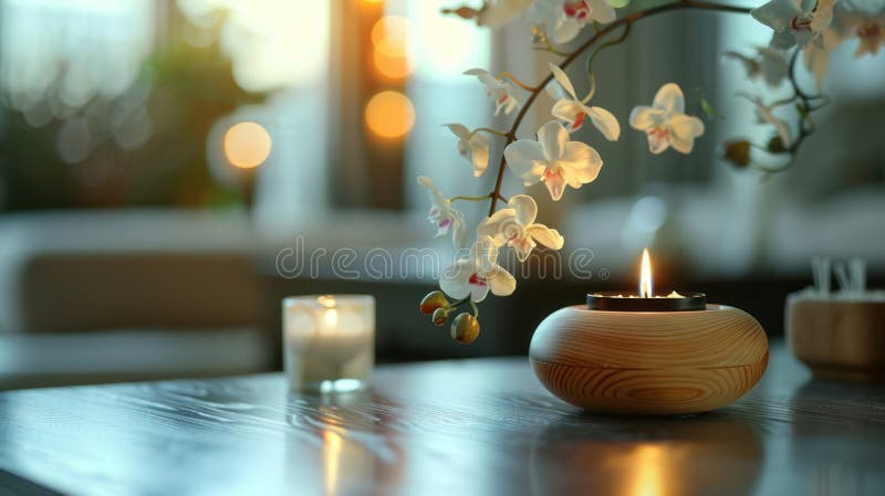 Relaxing Spa Ambiance with Aroma Oil Diffuser, Candle, and Blurred ...