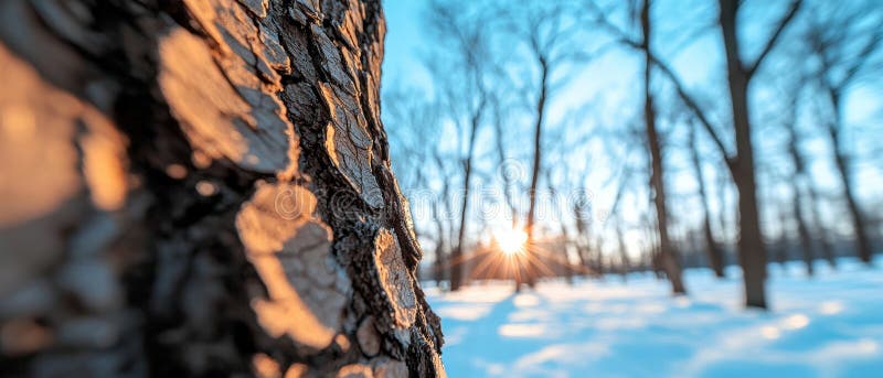 A Winter Forest Scene with a Sunlit Tree Trunk in the Foreground. Stock ...