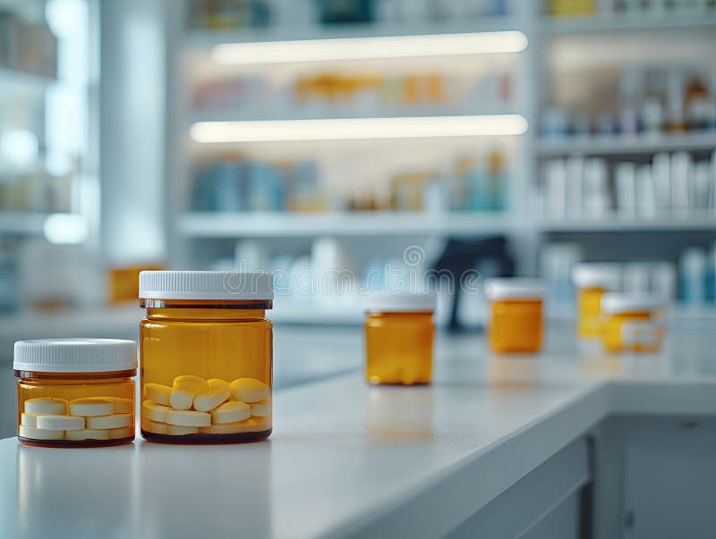 Pill Bottles Neatly Arranged in a Glass Display Case in a Pharmacy ...