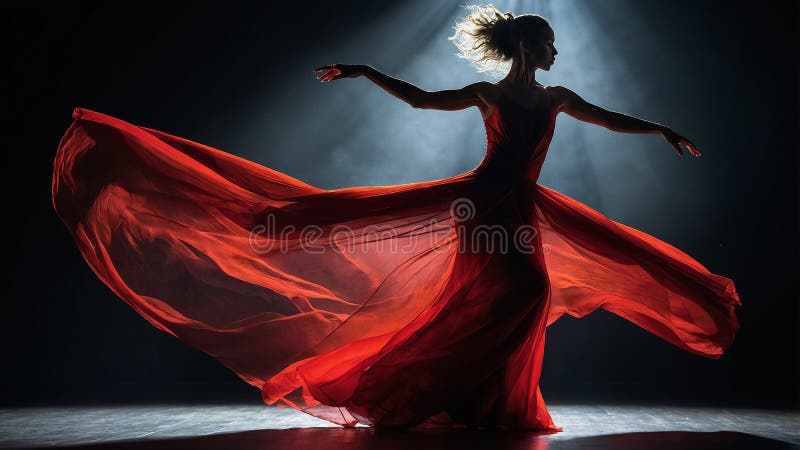Silhouette of a Dancer in a Flowing Red Dress Under Dramatic Stage ...