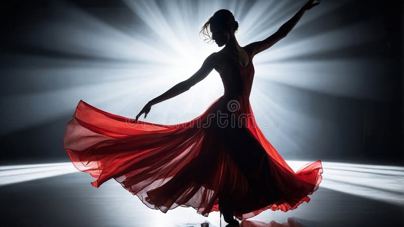 Silhouette of a Dancer in a Flowing Red Dress Under Dramatic Stage ...
