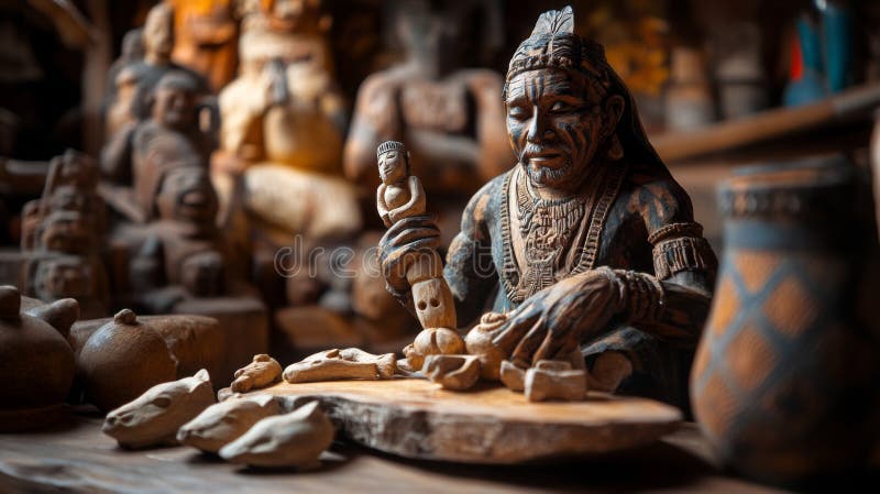 An Intricate Wooden Sculpture of a Craftsman Creating Small Figures ...