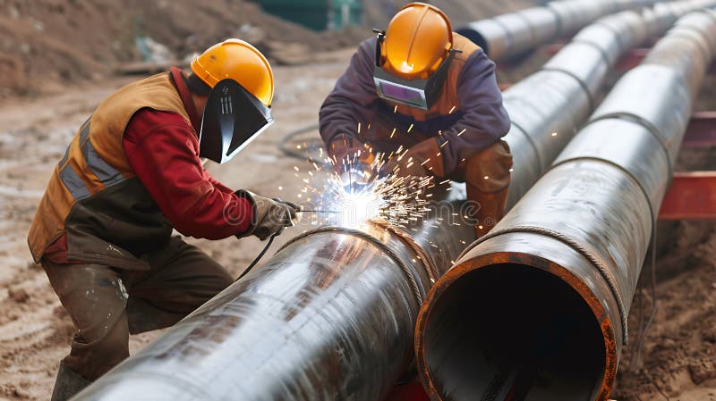 Skilled Workers Welding Large Pipes on a Construction Site Stock ...