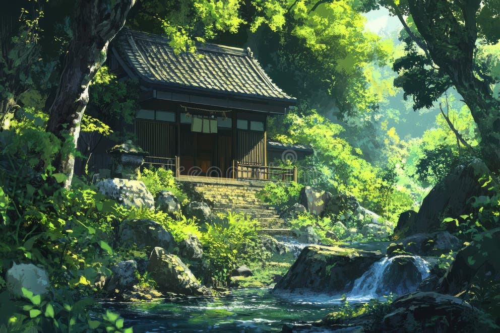 Cozy Tea House Nestled in a Lush Forest with Cascading Waterfalls ...