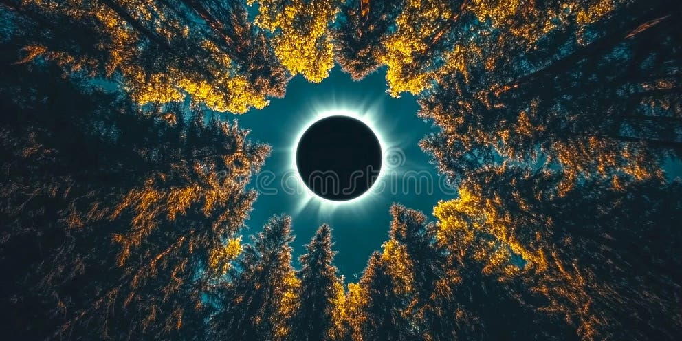 A Stunning View of a Solar Eclipse Framed by Vibrant Forest Trees. the ...