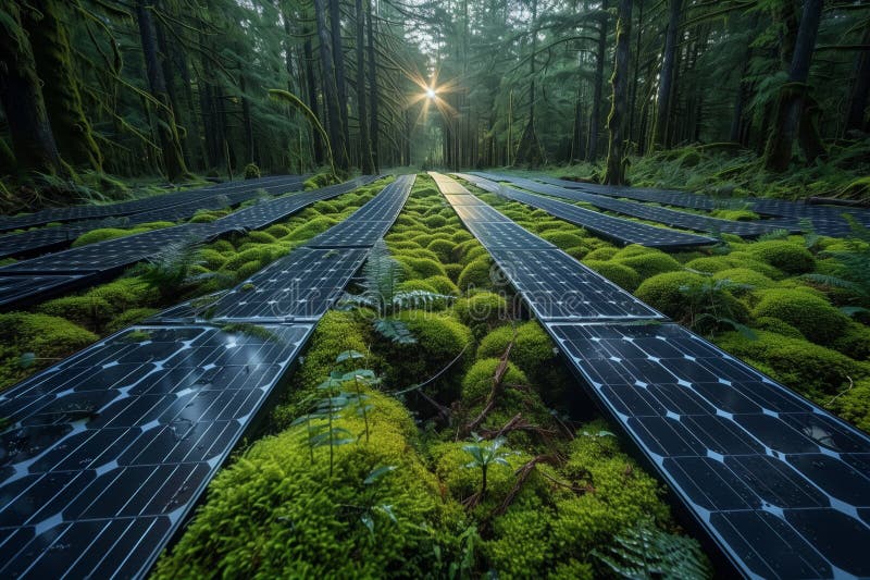 Solar Panels Arranged in a Lush, Mossy Forest with Sunlight Piercing ...