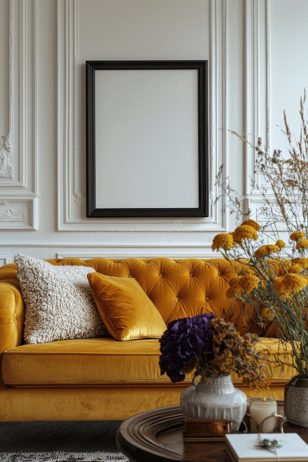 Elegant Living Room with a Vertical Rectangular Frame Above a Mustard ...