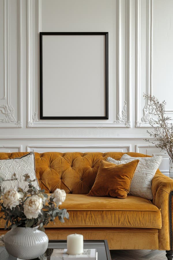 Elegant Living Room with a Vertical Rectangular Frame Above a Mustard ...