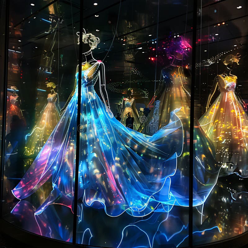 Elegant Evening Dresses Display in a Shop Window with Vibrant Lights ...