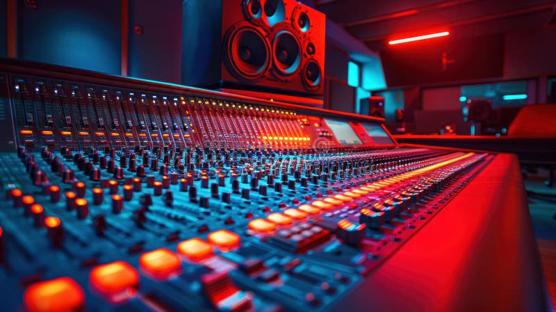 Red Cinematic Studio Light Shining on Mixing Console in Recording ...