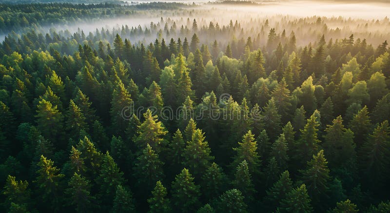 Aerial View of Dense Forest with Morning Fog and Sunlight Stock ...